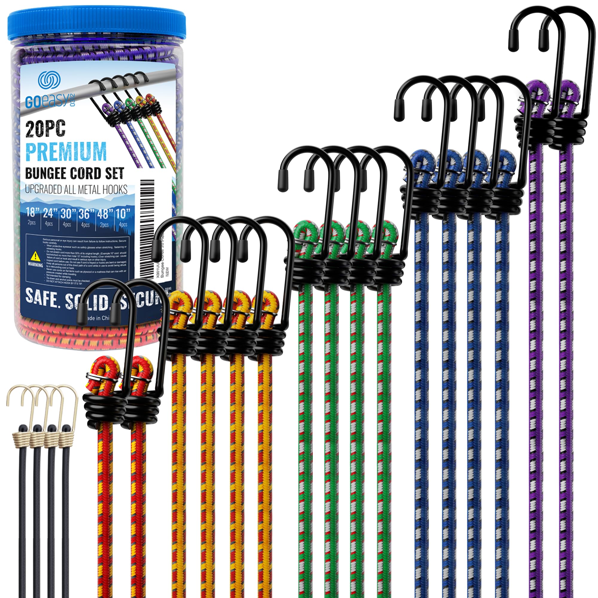 GOEASY0312 Premium Bungee Cords Heavy Duty - 20 pcs Bungee Cords with Hooks in A Storage Jar Includes 10", 18", 24", 30", 36", 48" Bungie Cord Bundle