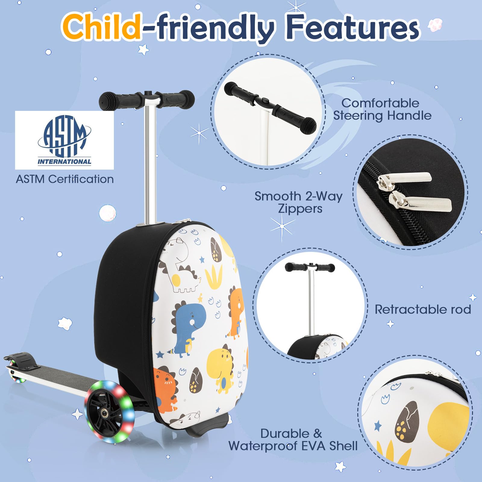 Goplus 2-in-1 Ride On Suitcase Scooter for Kids, 20ββ Carry on Luggage with LED Flashing Wheels, Waterproof Shell, Retractable Steering Handle, Lightweight Folding Scooter for Boys Girls (Dinosaur)