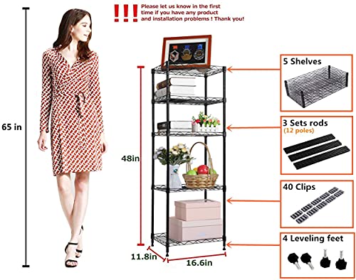 YOHKOH 5-Wire Shelving Metal Storage Rack Adjustable Shelves for Laundry Bathroom Kitchen Pantry Closet (16.6L x 11.8W x 48H,Matte Black)