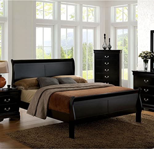 GOUBISOB California King Size Solid Wood Bed Frame with headboard, Louis Phillipe Style Traditional Classic Sleigh Shape Bed Frame, Box Spring Required (Black, California King)