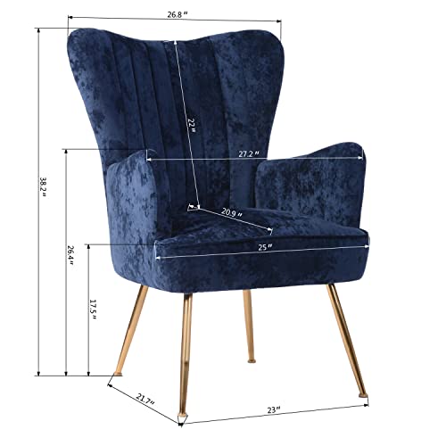 FurnitureR Velvet Living Room Chair Upholstered with Soft High Wing Back Leisure Reading Seat with Armrest for Corner Apartment, Dark Blue