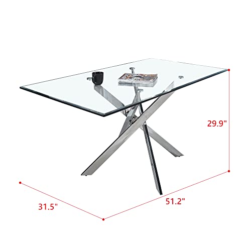Yoluckea Modern Rectangular Glass Table Tempered Glass Dining Table with Stainless Steel Base Clear Beveled Edges Glass Kitchen Table for Home Kitchen Dining Room 51.20"W x 31.50"D x 29.50"H Silver