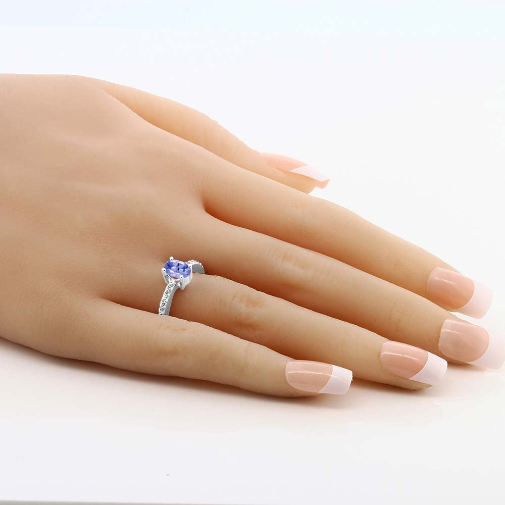 Gem Stone King 1.05 Ct 7x5mm Oval Tanzanite White Created Sapphire 925 Silver Ring (Size 5)