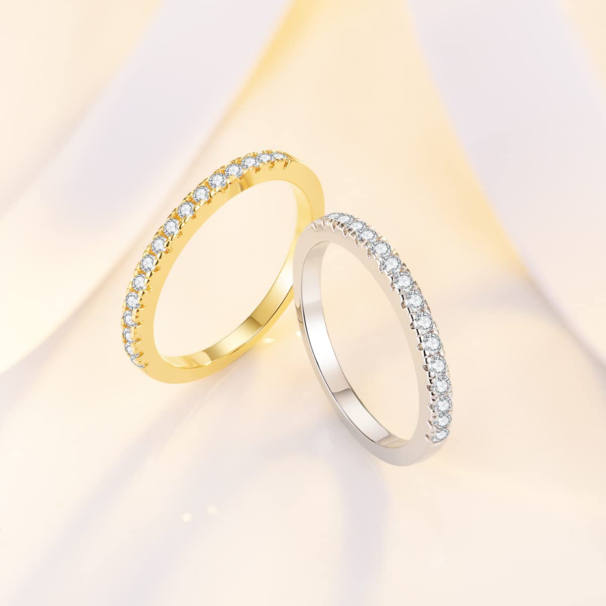 LAANSRER 2MM Wedding Band for Women 14K Gold Plated Stackable Ring Half Cubic Zirconia Eternity Engagement Rings for Women Size 7