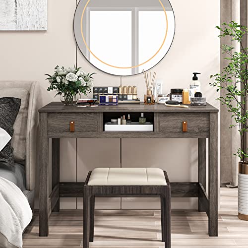 Tangkula Mid-Century Computer Desk with 2 Storage Drawers, Modern Home Office Desk with Storage Cubby, Study Writing Desk, Compact Laptop PC Desk Workstation, Wooden Vanity Desk for Bedroom (Grey)