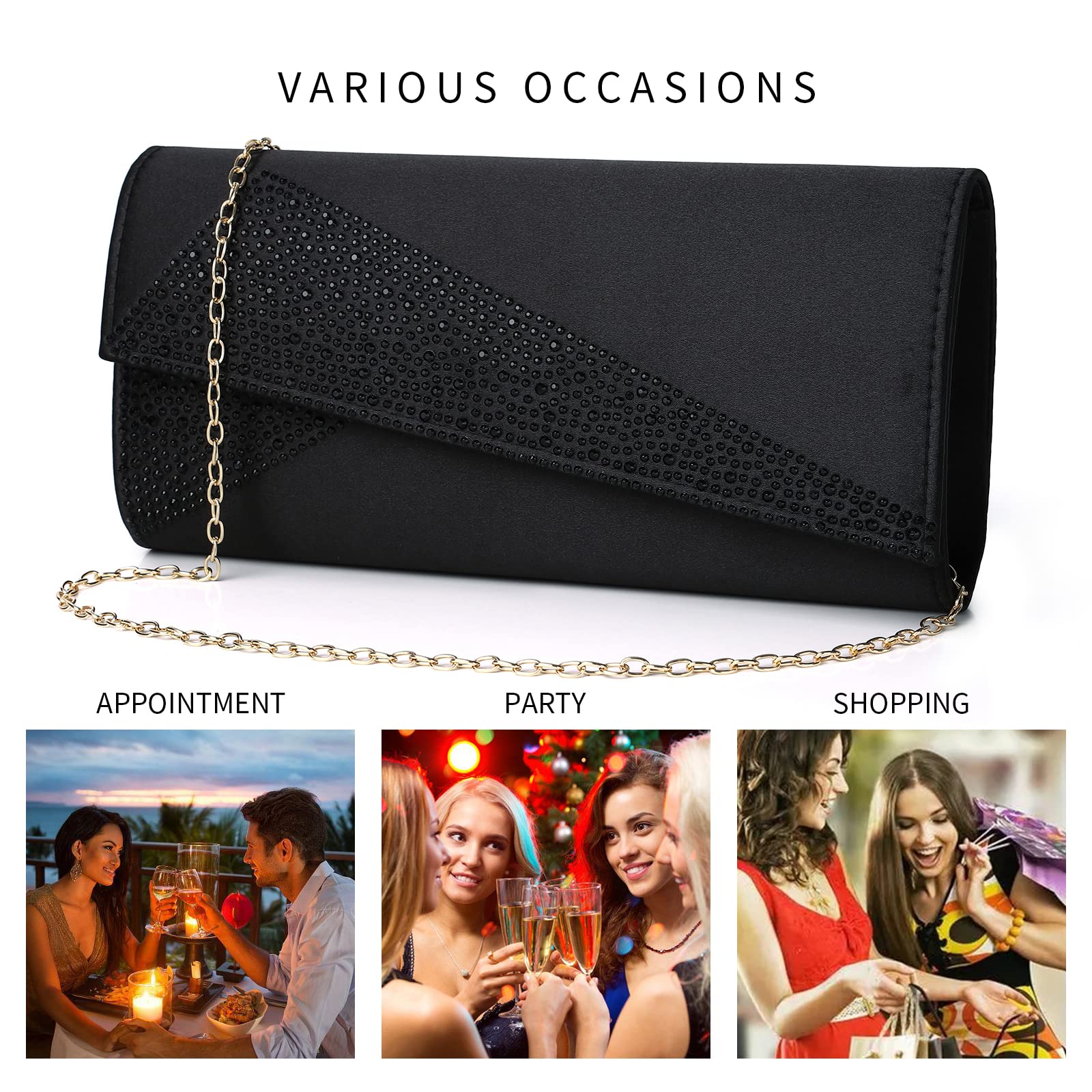 Labair Clutch Purses for Women Satin Rhinestone Evening Bag Wedding Formal Bridal Clutch.