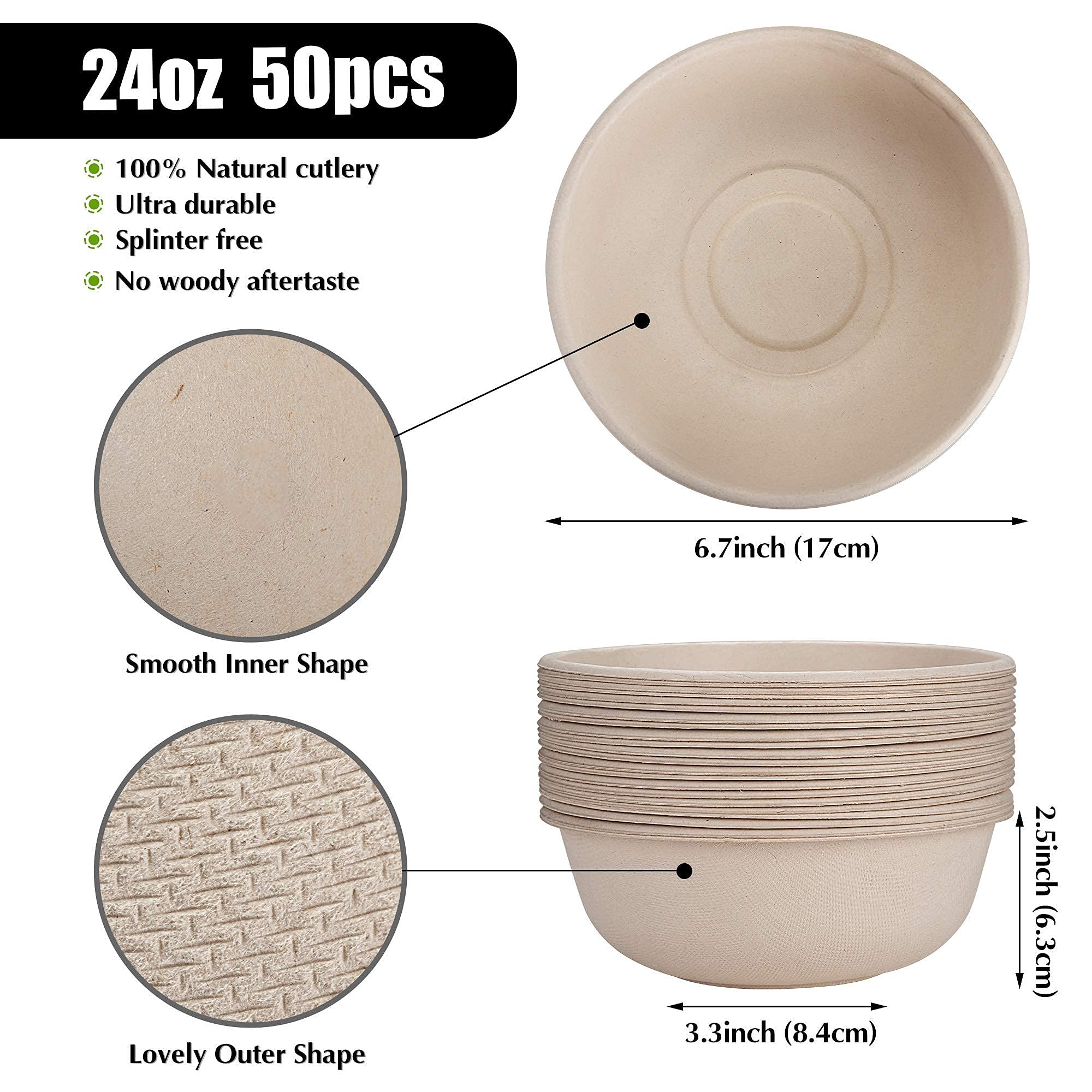 Green Tree Products Disposable Paper Bowls, 24 Oz [50 Pack] Large Bowl-100% Compostable, Biodegradable, Eco-friendly - Convenient for Daily Use for Salad, Hot Soup, and Pasta