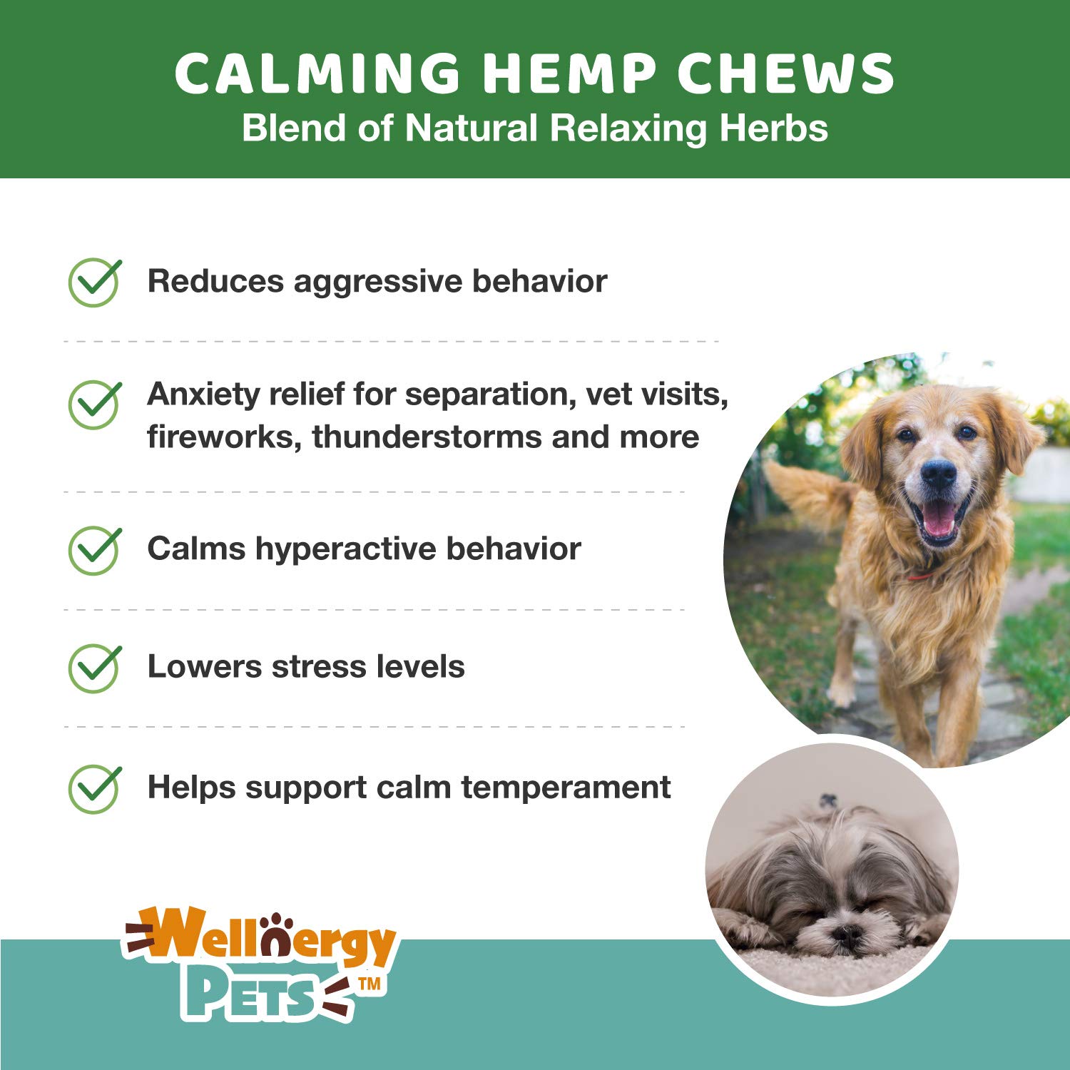 Wellnergy Natural Calming Chews for Dogs β Natural Organic Supplement- for Dogs with Stress, Separation Anxiety and Hyperactivity - 40ct Travel Pk