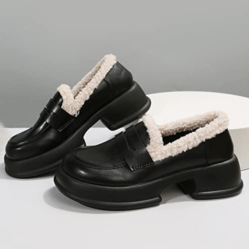 Ladies British Style Solid Color Leather Plush Warm Thick Soled Casual Shoes Mens Slip on Summer Shoes Black