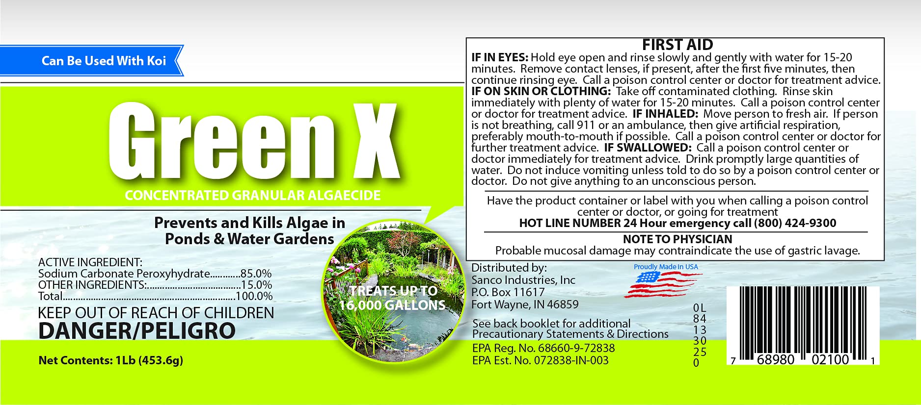 Green X – 1lb - String Algae Remover for Koi Ponds, Fountains, Waterfalls, Water Features- Safe for Fish Contact Algae Control- Treats up to 16,000 Gallons - Concentrated Granular Algaecide