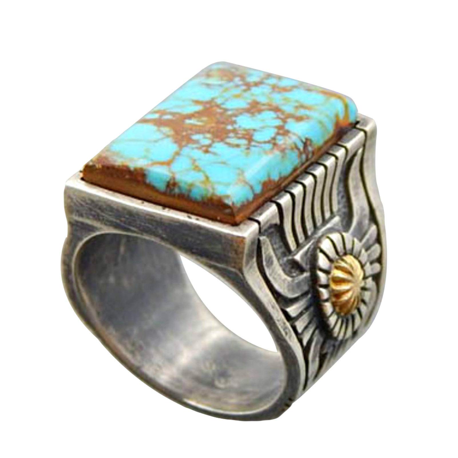 ink2055 Rings for Women Teen Girls,Retro Engraved Sunflower Faux Turquoise Inlaid Ring Women Banquet Jewelry Gift,Mothers Day Gifts,Gifts for Women Men Girls - Us9