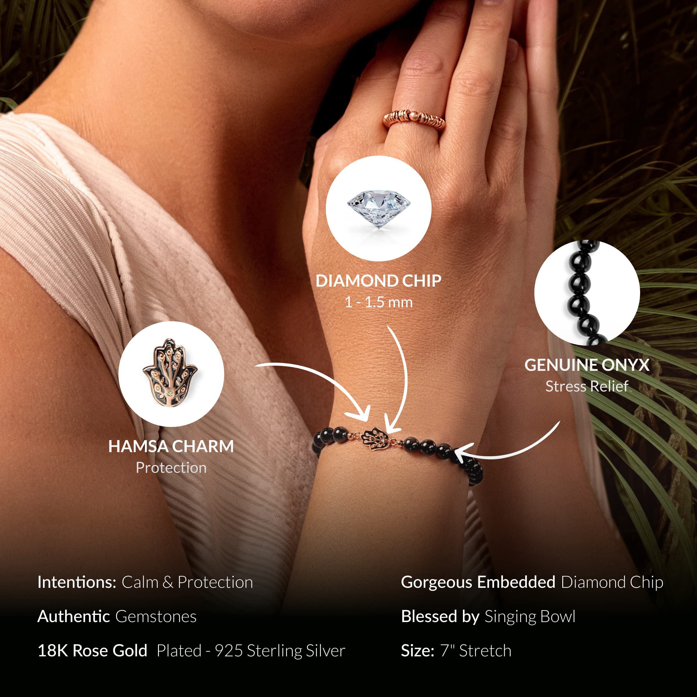 KARMA AND LUCK - Improved Endurance- Gorgeous Hamsa Genuine Black Onyx Stone Bracelet with Embedded Diamond Chip for Women. Ready to Gift for Her. Size: 7" stretch