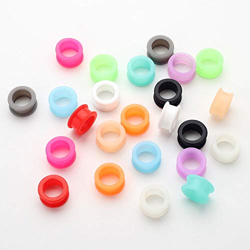 HISHION 24pcs Silicone Tunnels Plugs Ear Gauges 6G-1 inch Flexible Double Flared Multicolored Expander Set for Women Men Body Piercing(9/16"(14mm))