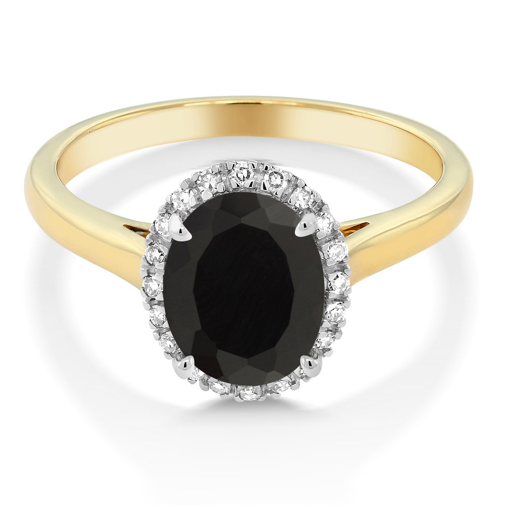 Gem Stone King 10K 2-Tone Gold Oval Black Onyx and White Diamond Women Halo Engagement Ring (2.00 Cttw) (Size 6)