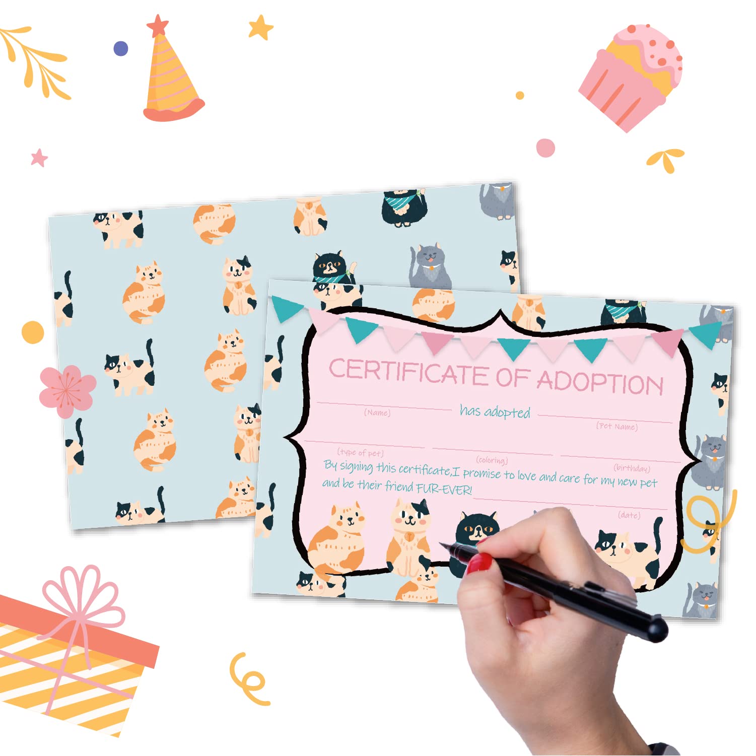 VNWEK Cat Adoption Certificate Party Invitations With Envelopes,Kitty Cat Double-sided Printed Birthday Party Invitation Invite Cards for Kids,Kitten Adoption Birthday Party Invites(20 Sets)