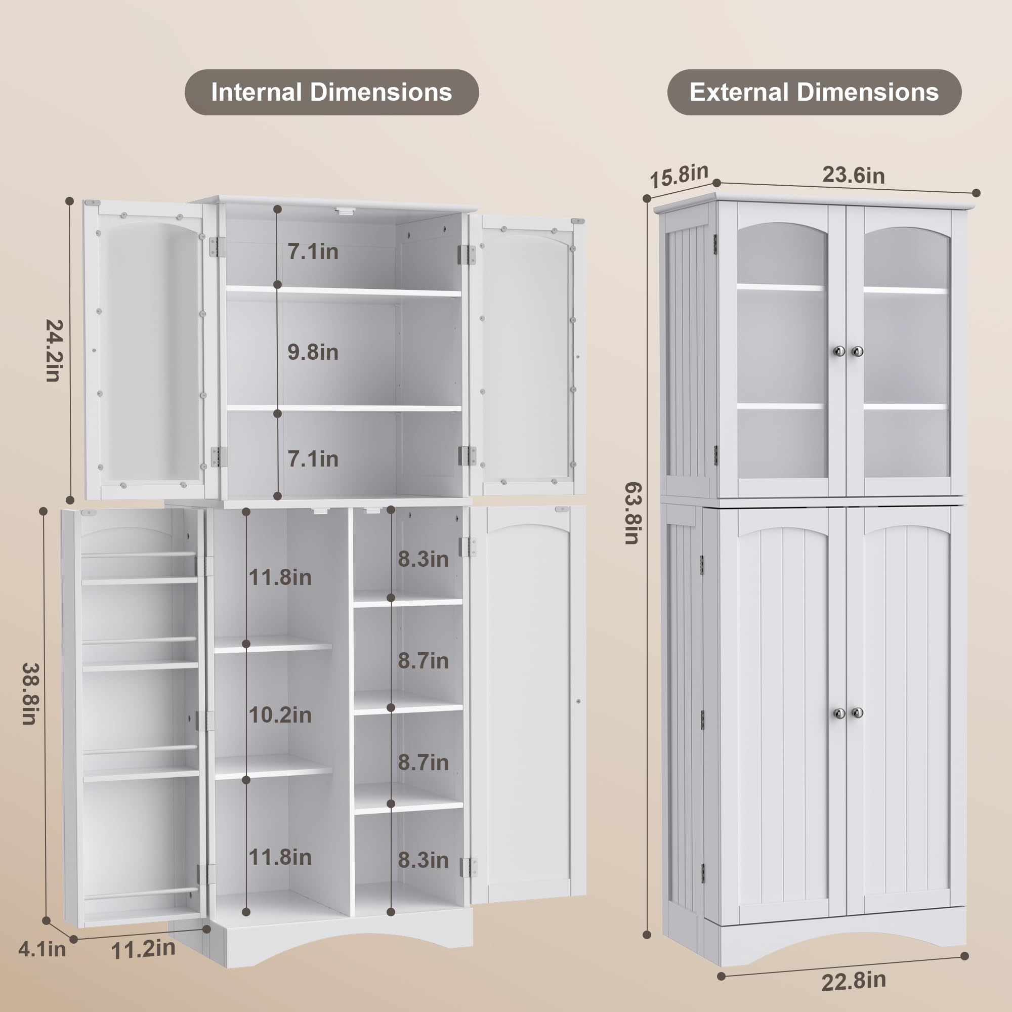 Gizoon 64" Kitchen Pantry Cabinet, Tall Storage Cabinet with Glass Doors and Adjustable Shelves, Freestanding Floor Cabinet Cupboard for Kitchen, Living Room, Dining Room (White)