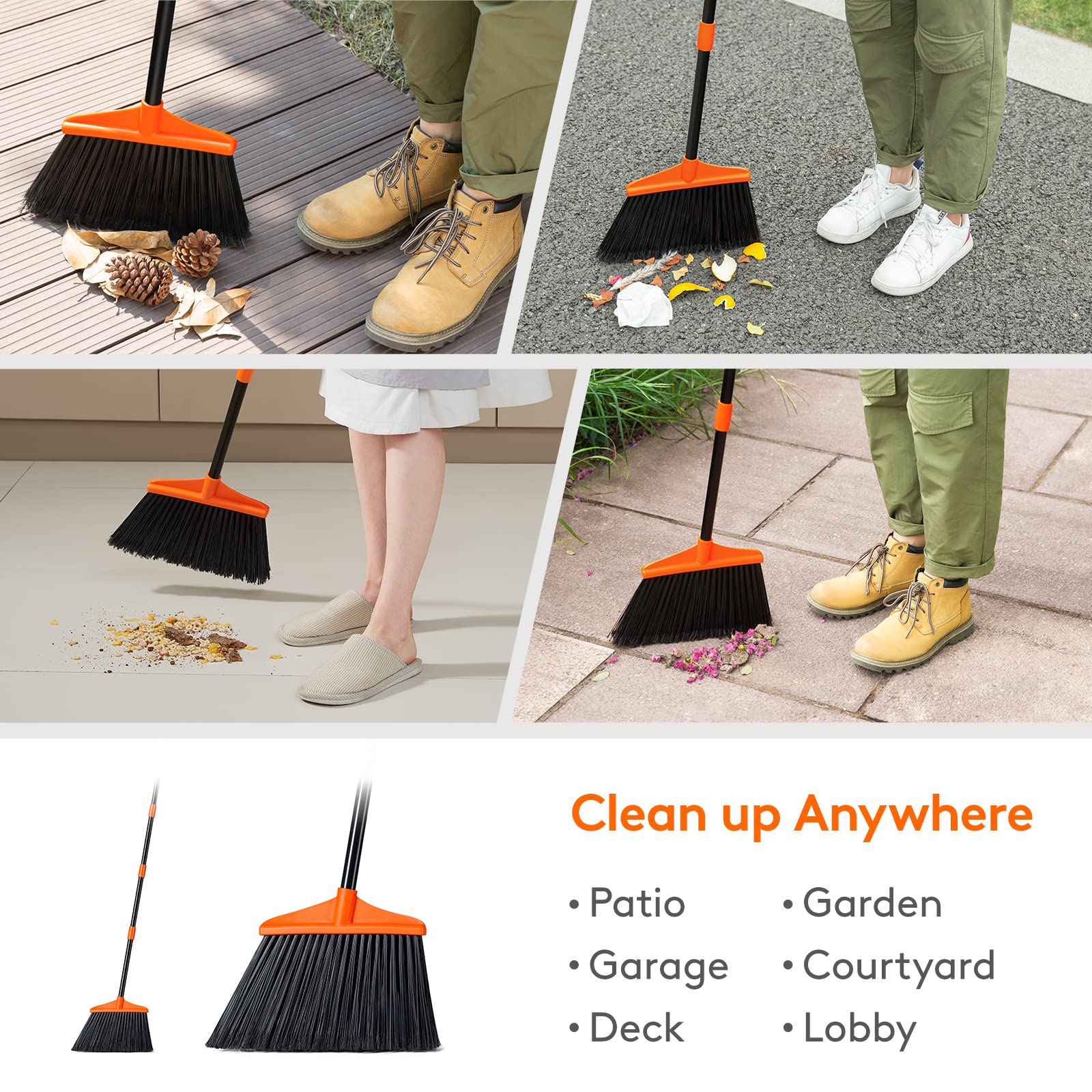 Lifewit Outdoor Broom, Heavy Duty Broom with 53" Extendable Long Handle, Household Angle Brooms for Indoor, Patio, Garage, Deck, Lobby, Courtyard Sweeping, Orange