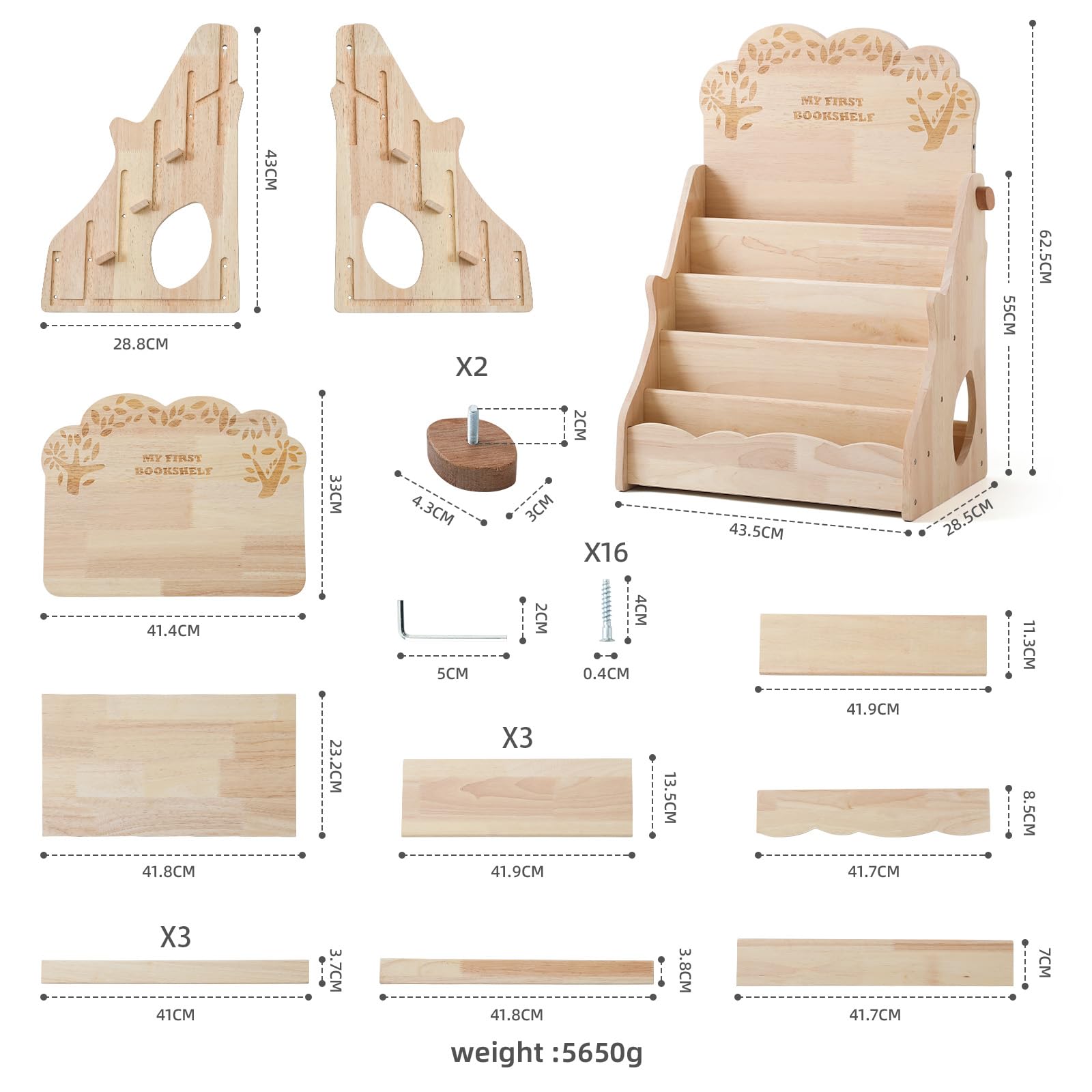 WOODEN TEETHER Kids Bookshelf Rubber Wood 5-Tier Montessori Bookshelf for Kids Durable Bookcase with Chalkboard & Storage Book Shelf Display Rack for Nursery Kids Room