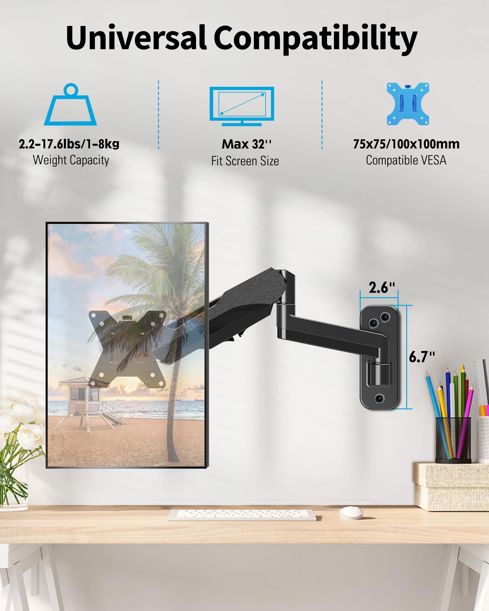 MOUNTUP Single Monitor Wall Mount for Max 32 Inch Computer Screen, Fully Adjustable Gas Spring Monitor Arm, Wall Mounted Monitor Holder Support 2.2-17.6lbs Display, VESA Bracket Fit 75x75mm, 100x100mm