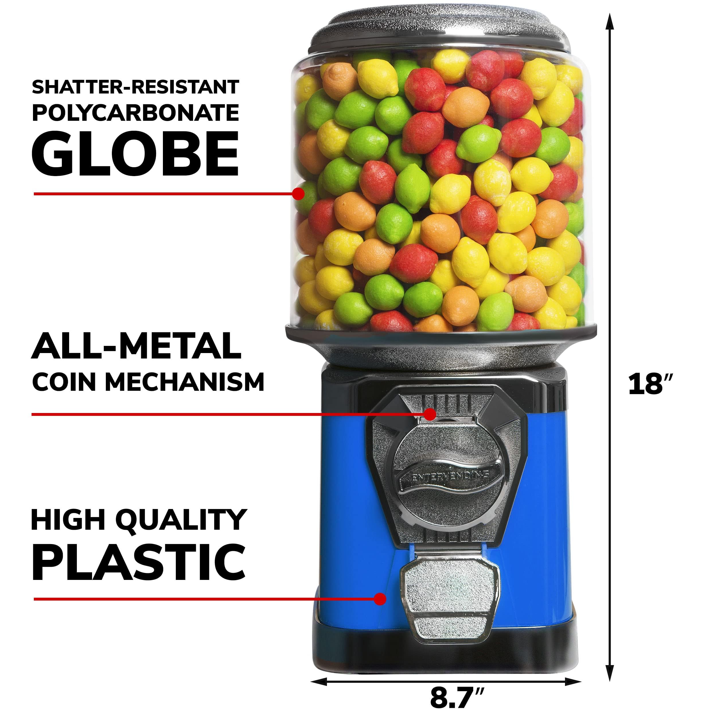 Gumball Machine for Kids - Vending Machine with Metal Stand & Cylinder Globe - Bubble Gum Blue Vending Machine and Black Metal Stand Bundle - Coin Gumball Machine