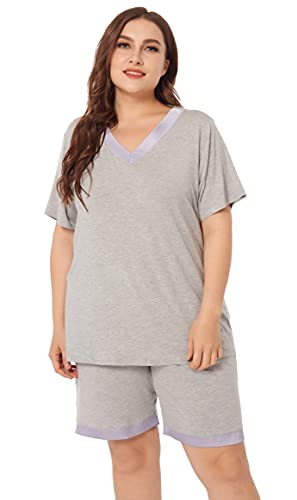 ZERDOCEAN Women's Plus Size Sleepwear Pajama Set Short Sleeve with Shorts Nightwear Two-piece Pj Lounge Sets Lightgray 4X