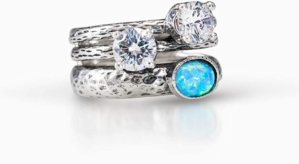 Joolala 1 Carat Round White Cubic Zirconia and Oval Blue Fire Opal Stylish Ring in 925 Sterling Silver - for Women, Size 5