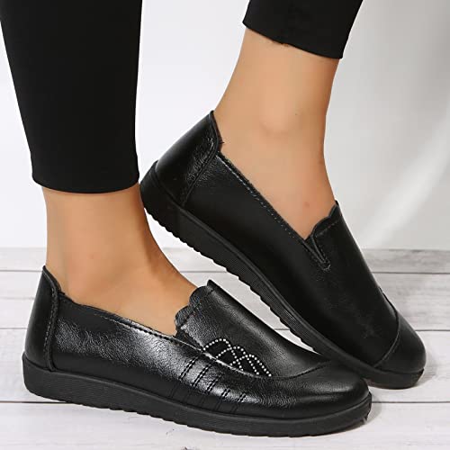 Ladies Fashion Solid Color Leather Rhinestone Flat Sole Comfortable Casual Shoes 10 Rain Boot Black