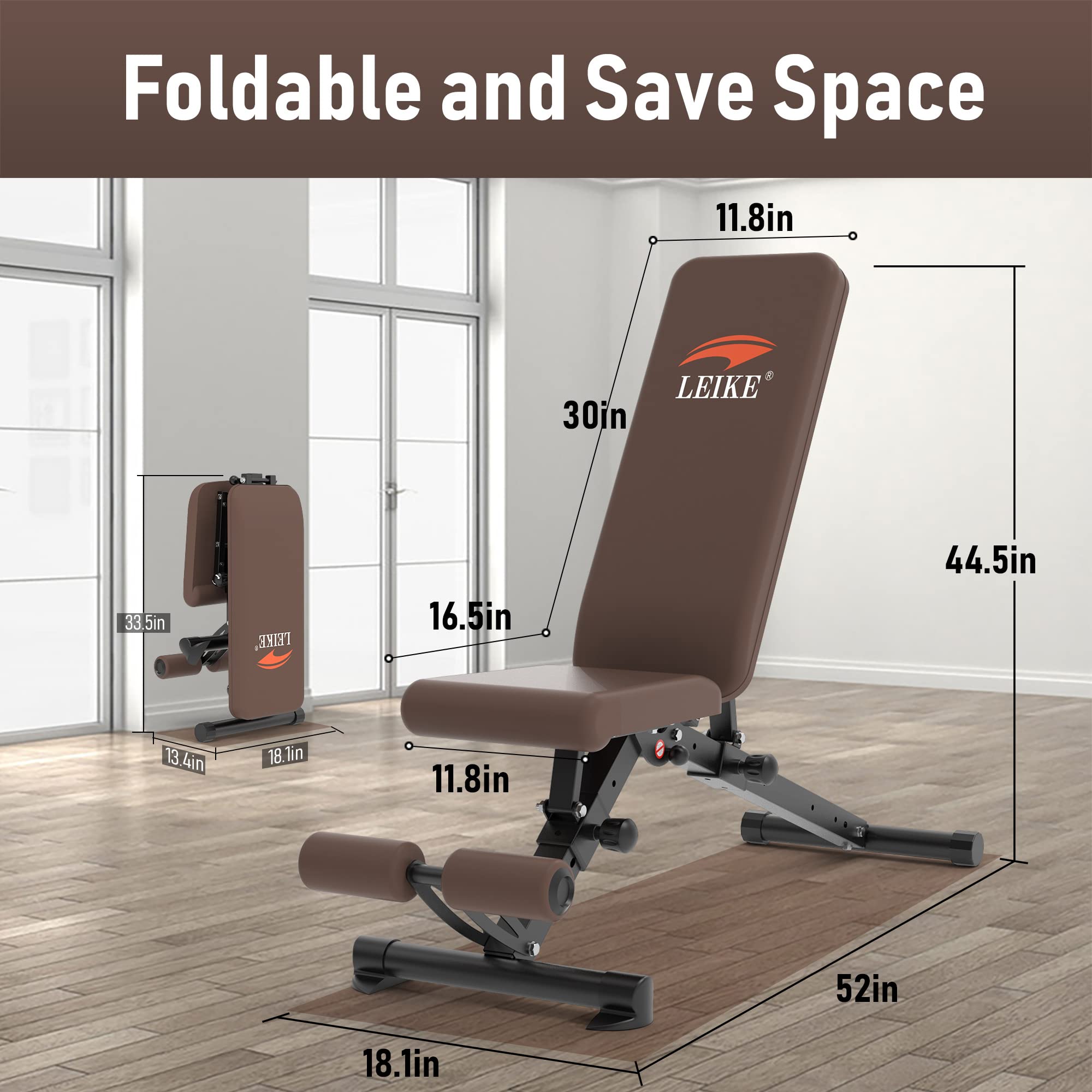 leikefitness Adjustable Weight Bench Foldable Workout Exercise Bench with Automatic Lock for Upright Incline Decline and Flat Full Body Exercise (GM58091(BROWN))