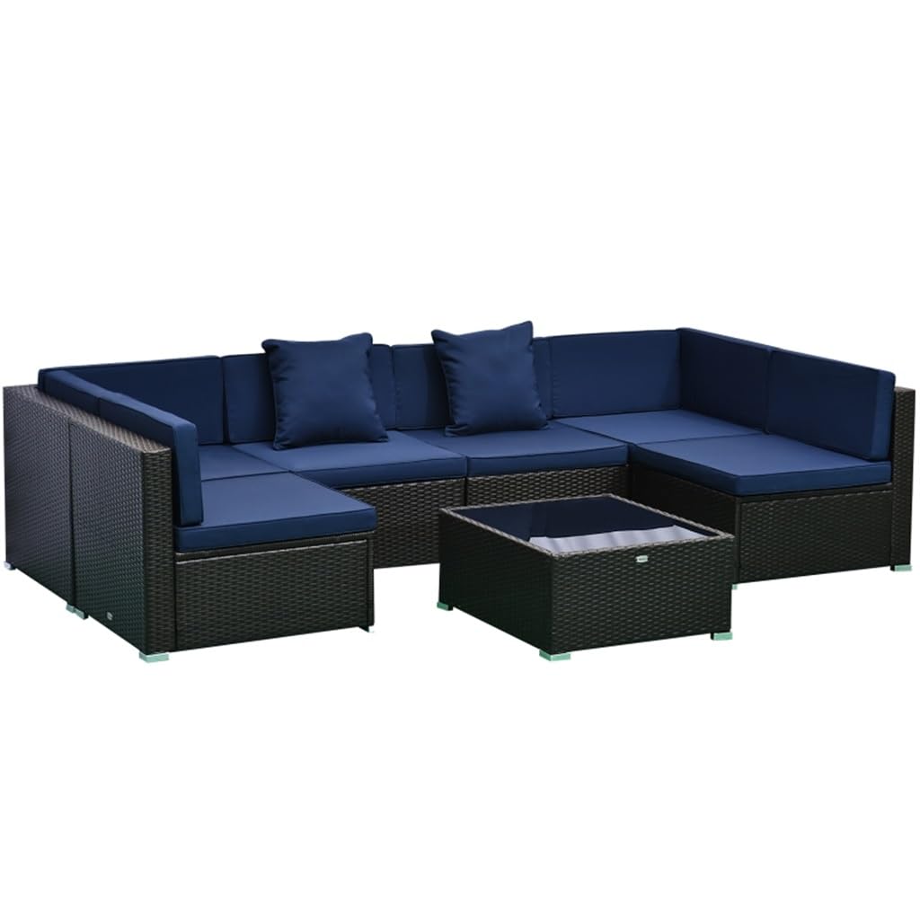 Generic 7-Piece Outdoor Patio Furniture Set with Rattan Wicker for Outdoor Use - Dark Coffee/Blue