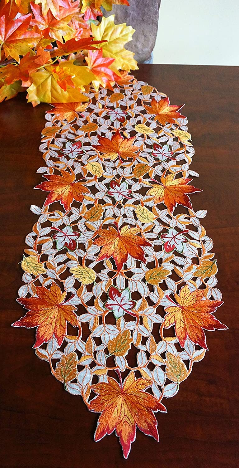 GRANDDECO Thanksgiving Harvest Table Runner Embroidered Cutwork Maple Leaves Dresser Scarf Table Cover Autumn Or Fall Decorations (Table Runner 13"x34")