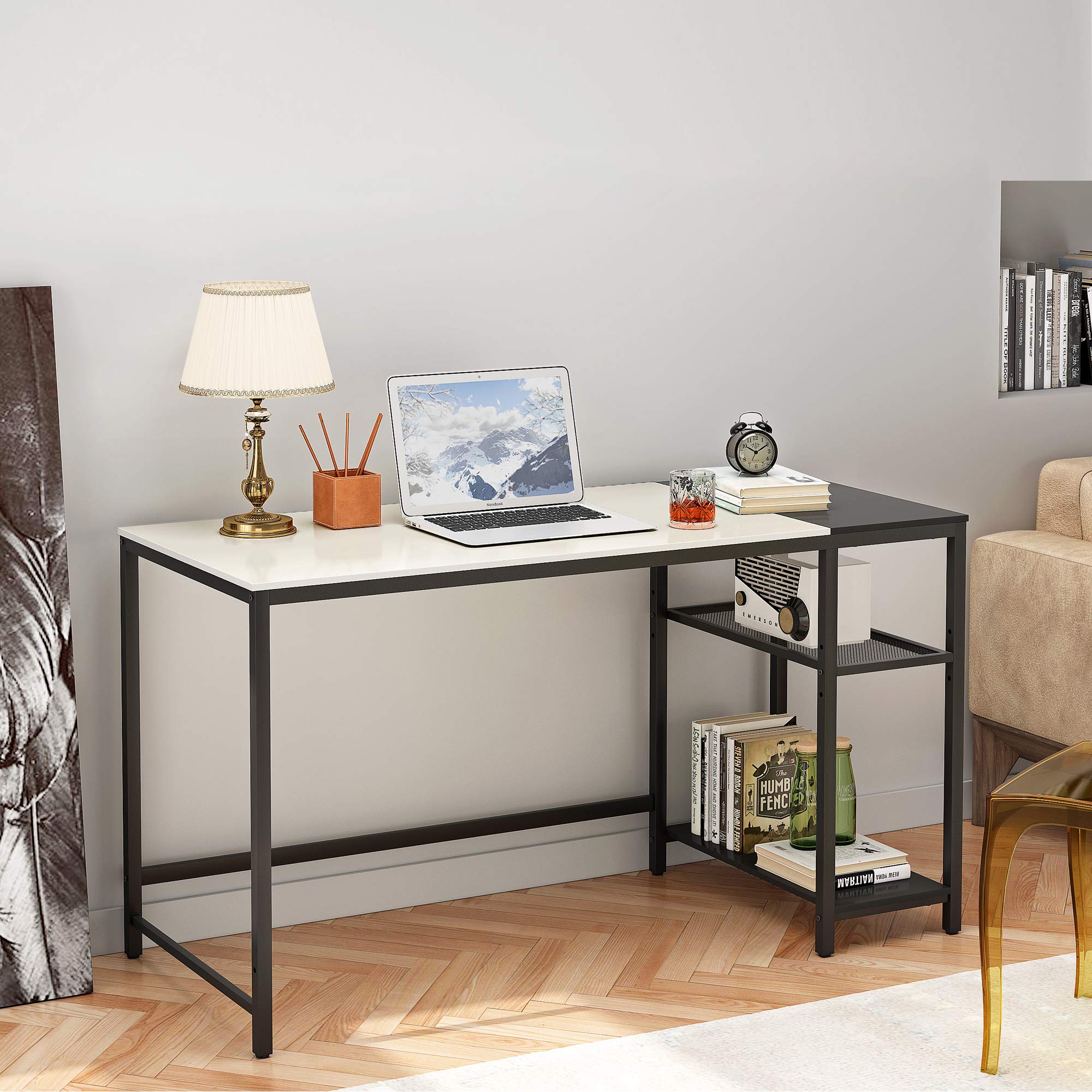 JEROAL 55 Inch Computer Desk with Shelves, Large Wooden Desk with 2 Storage Shelves, Industrial Study Writing Table for Home, Office and Study Room, White and Black Desktop with Black Metal Base