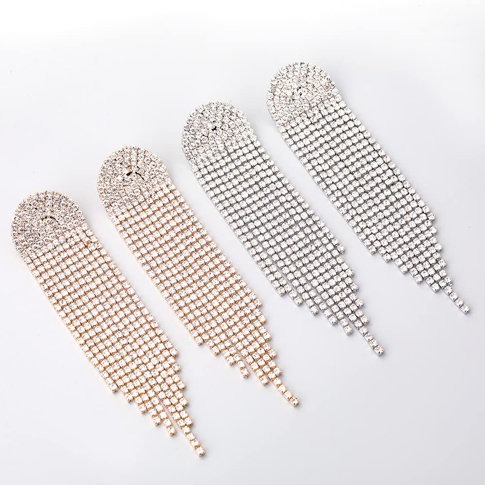 Jumwrit Rhinestone Tassel Earrings Bohemian Fringe Chandelier Earrings Long Rhinestone Earrings Statement Drop Earrings for Women(Silver)