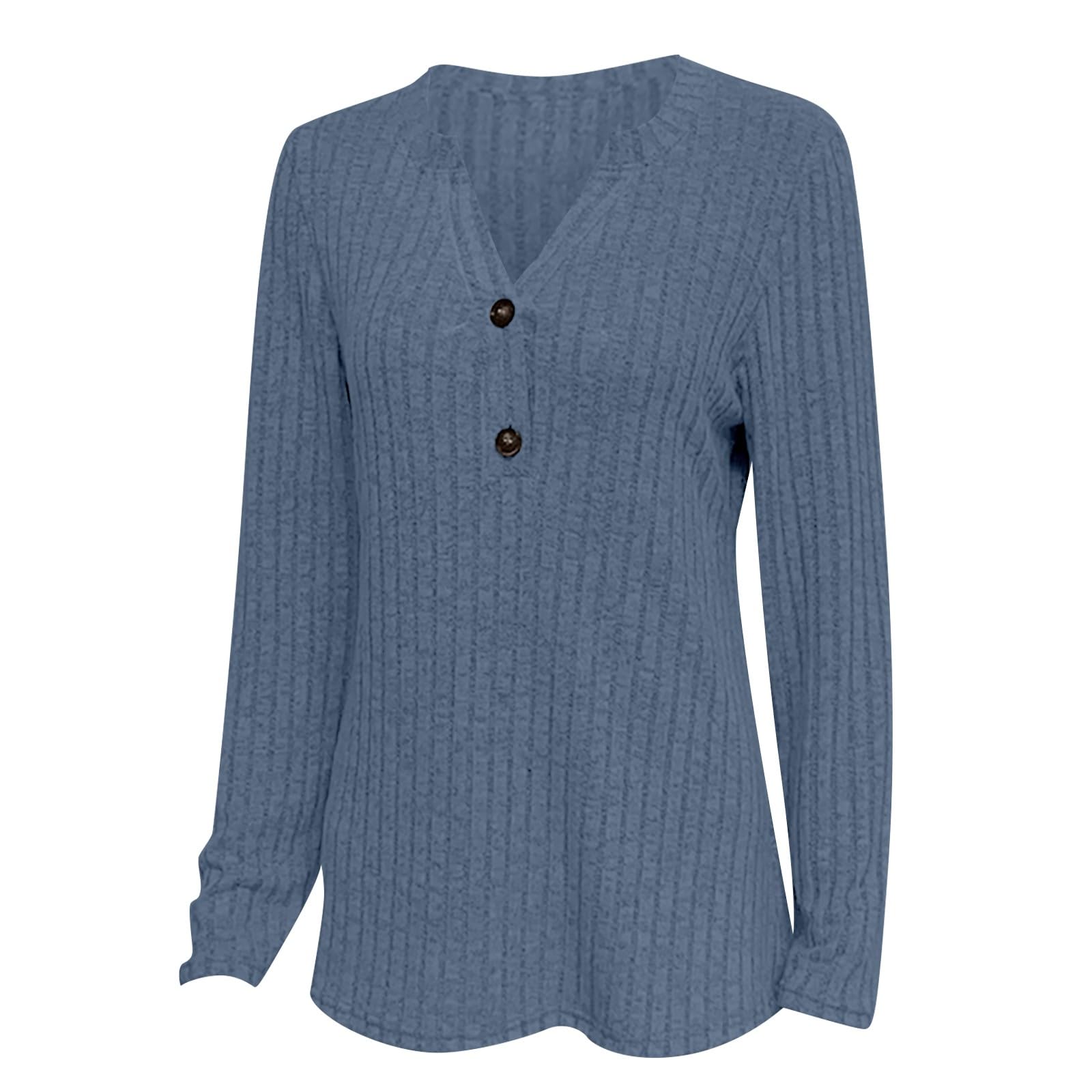 GDJGTA Women's Long Sleeve T Shirt Fashion V Neck Tops Solid Color Casual Blouses,Light Blue,Large