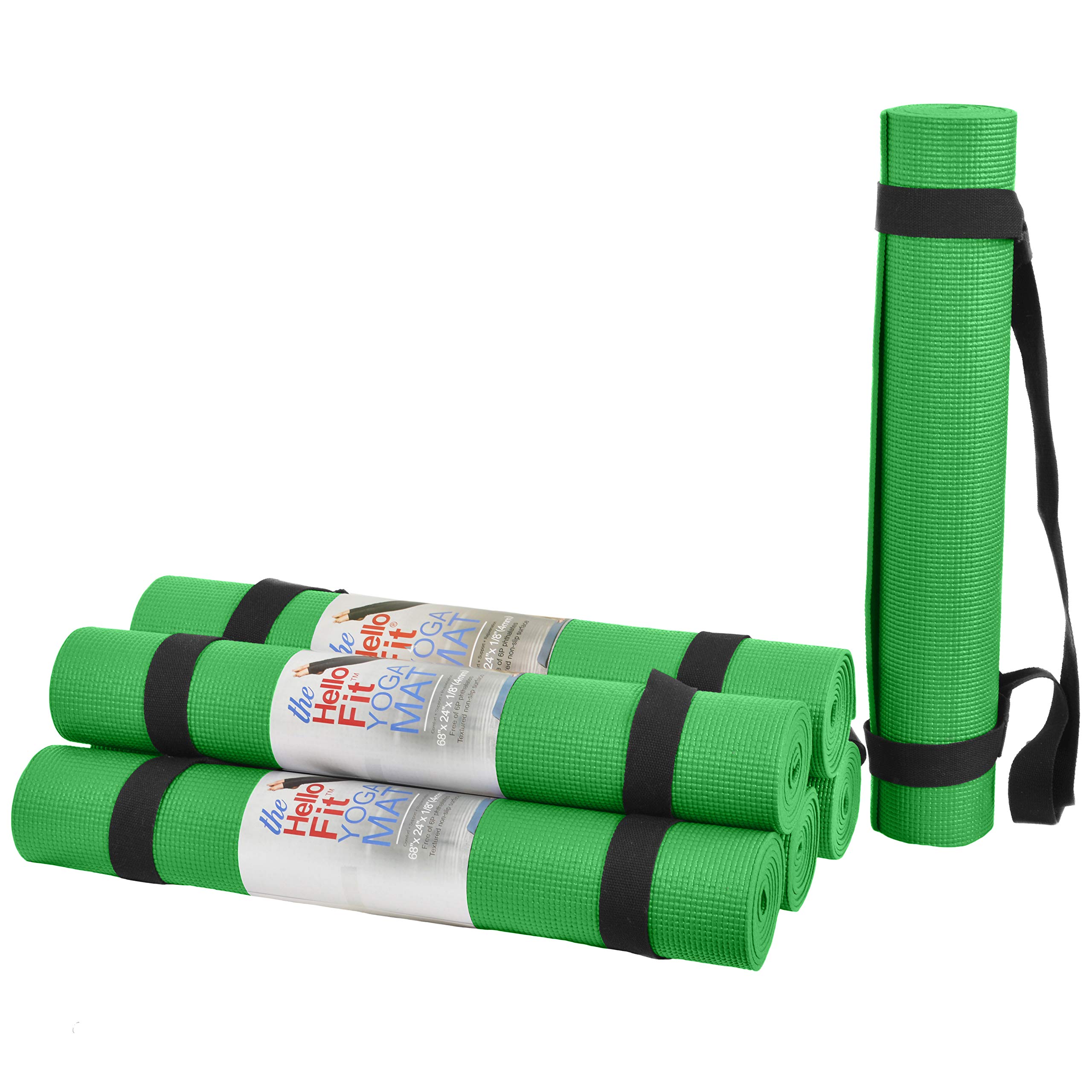 Hello Fit 6-Pack Yoga Mat With Deluxe Carrying Harness, 68" x 24" Non Slip Exercise Mat, 4mm Thick Gym Mat, Bulk Non Toxic Yoga Mats for Schools and Studios, Green