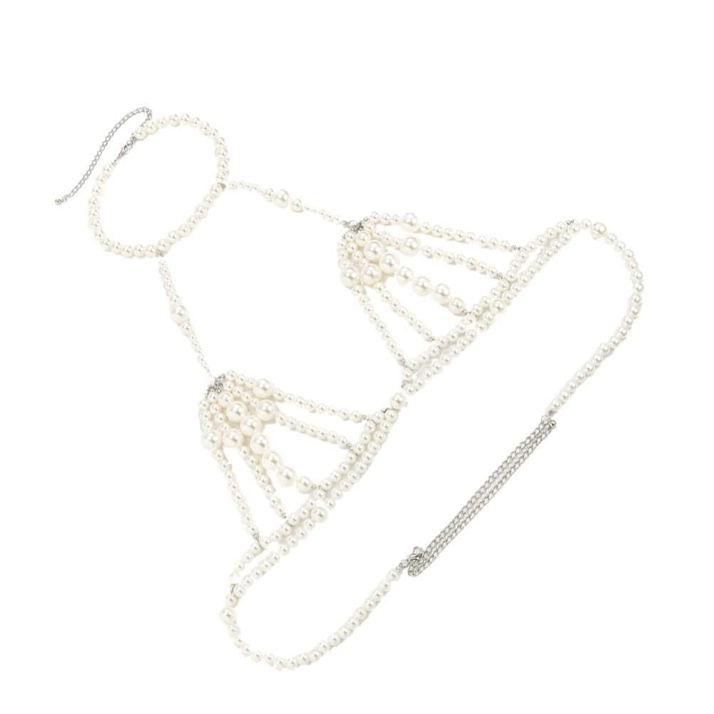 Happyyami Faux Pearl Body Chain Bikini Body Chain Crystal Bra Imitation Pearl Bikini Chain Under Outfit Bra Summer Bikini Women Body Chain Bra Body Lingerie Accessory Body Jewelry Accessory