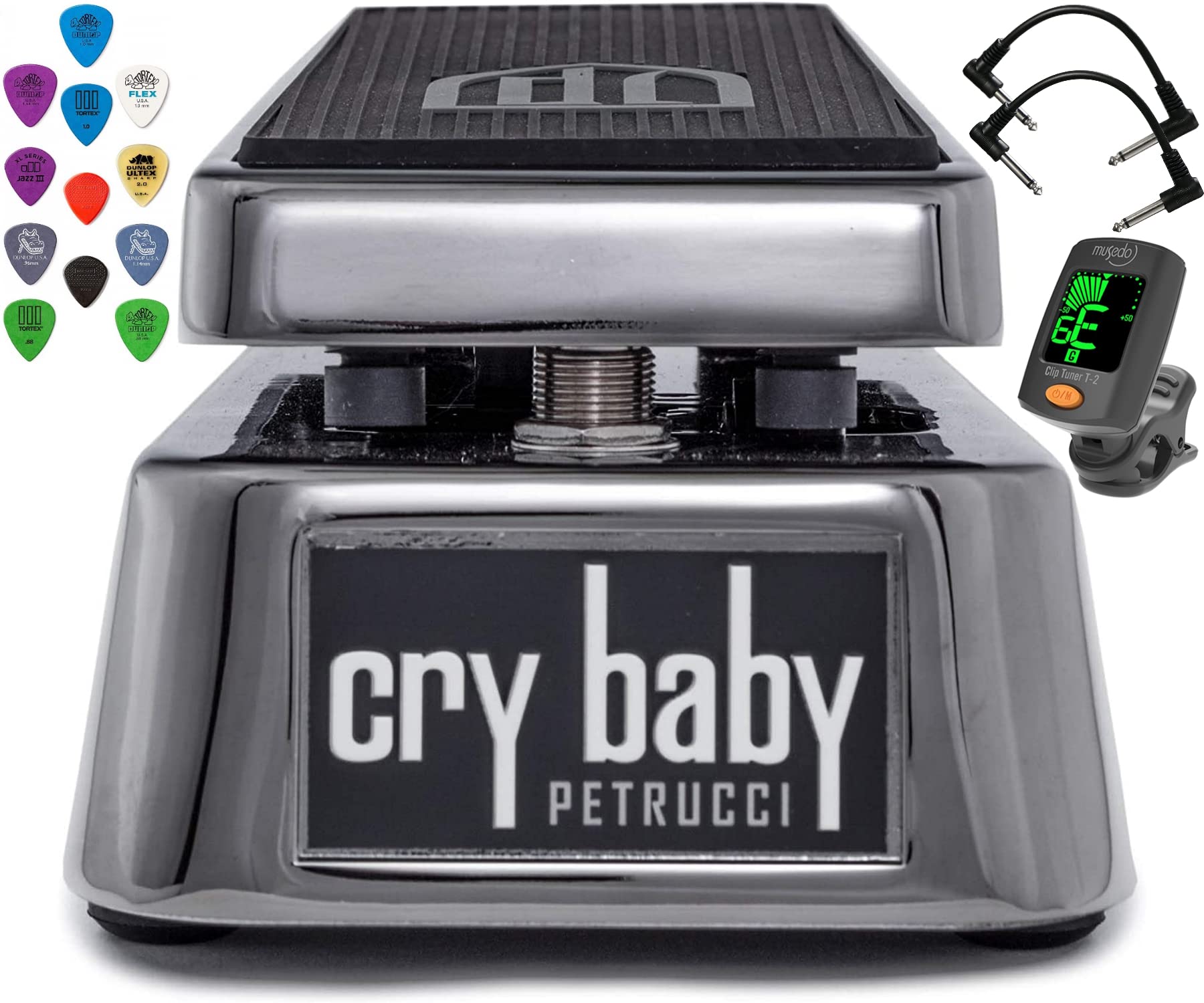 Jim Dunlop JP95 John Petrucci Signature Cry Baby Wah Pedal Bundle with 2 Patch Cables, Tuner, and Dunlop Variety Pick Pack