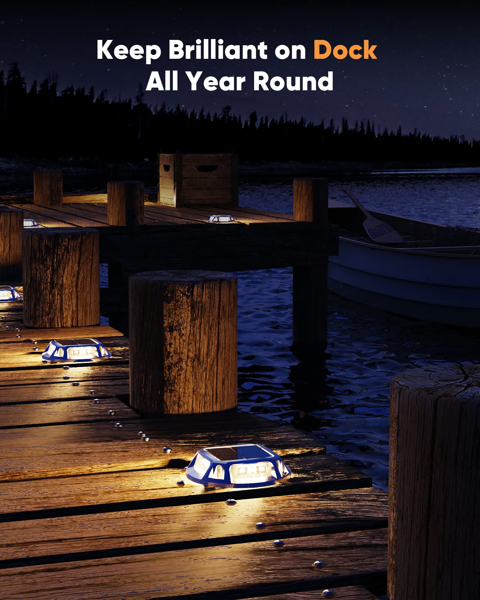 JACKYLED 8-Pack Solar Dock Lights Marine Waterproof LED, 4-Sided Lighting 12 LED Solar Powered Driveway Lights, Solar Driveway Markers for Boat Sidewalk Steps Backyard Garden (Cool White)