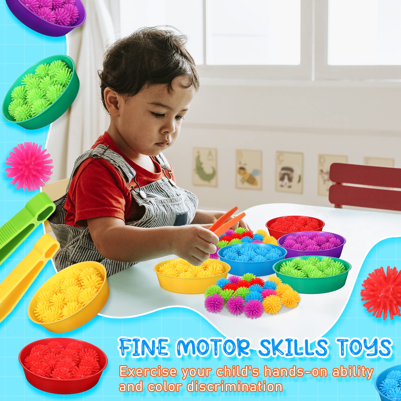 Leitee 71 PCS Fine Motor Toys Counting Sorting Sensory Bin Filler, 60 Hedge Balls 4 Tweezers 2 Scissors Clips 5 Cups for Boys Girls Early Education and Sorting Counting Training Development