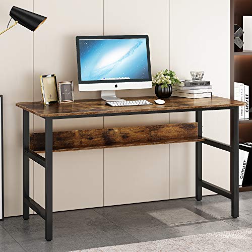 JEROAL 55 Inch Computer Desk with Bookshelf, Wood PC Laptop Workstation, Study Writing Table with Metal Frame for Home, Office and Study Room, Rustic Brown