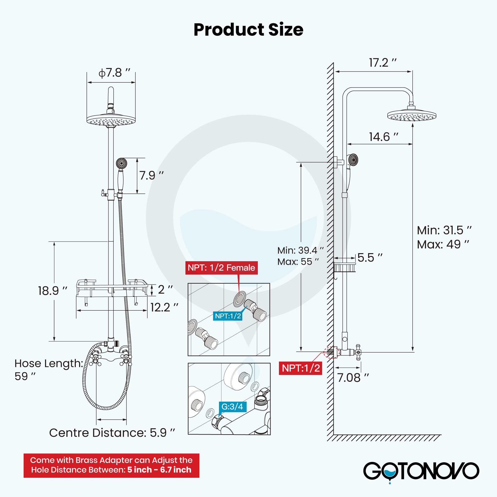 gotonovo Exposed Bathroom Shower Faucet with Shower Shelf Antique Brass 8 inch Rainfall Shower Head Wall Mounted Double Cross Handles Handheld Sprayer Shower Shower System Dual Functions