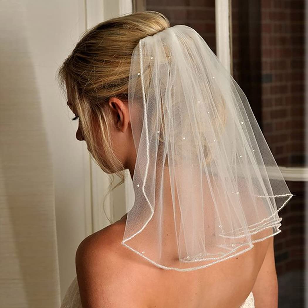 Haraty Crystal Bridal Veils Short 1 Tier Veil Soft Mesh With Comb Wedding Party Bride Veil Hair Accessories for Women Girls (Ivory)