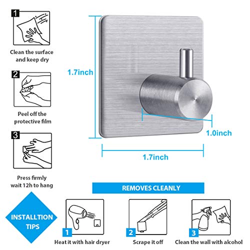 TBMax Adhesive Hooks Towel Hook - 4 Pack Heavy Duty Wall Hooks, Stainless Steel Hooks for Hanging Bathroom Robe/Coat/Kitchen Utensil/Bag