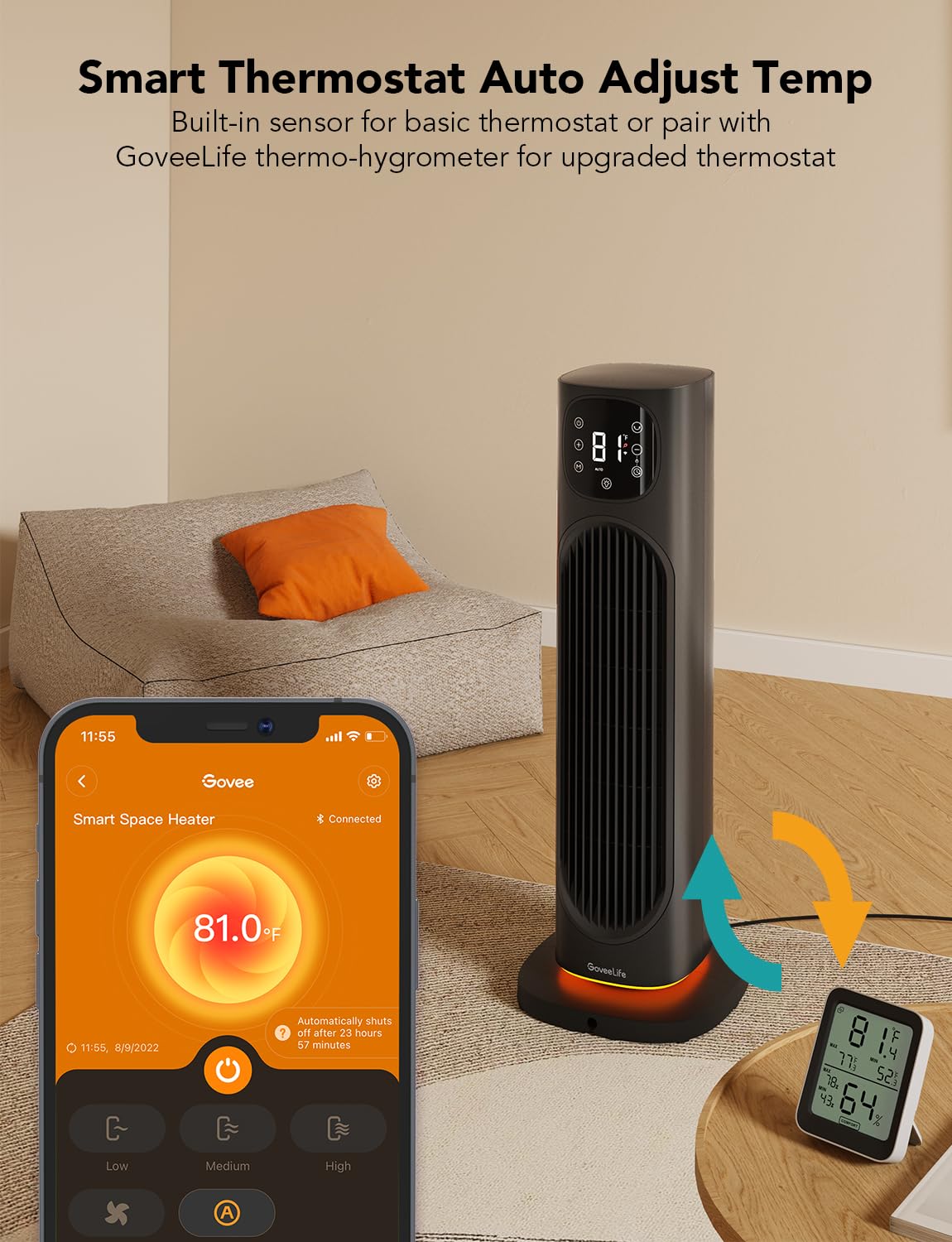 GoveeLife 24" Space Heater, 80° Oscillating Smart Electric Heater with Thermostat, WiFi APP & Voice Control, 4 Mode, 24H Timer, Night Light, 1500W Tower Ceramic Heater for Indoor Use, Large Room
