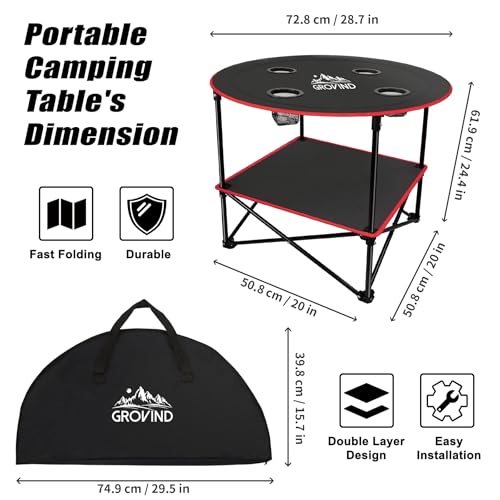 Grovind Portable Camping Table, Outdoor Beach Tables for Sand Foldable Picnic Table with 4 Cup Holders & Carry Bag, Lightweight Waterproof Canvas Tables for Outside, Fishing, Hiking, Tailgating