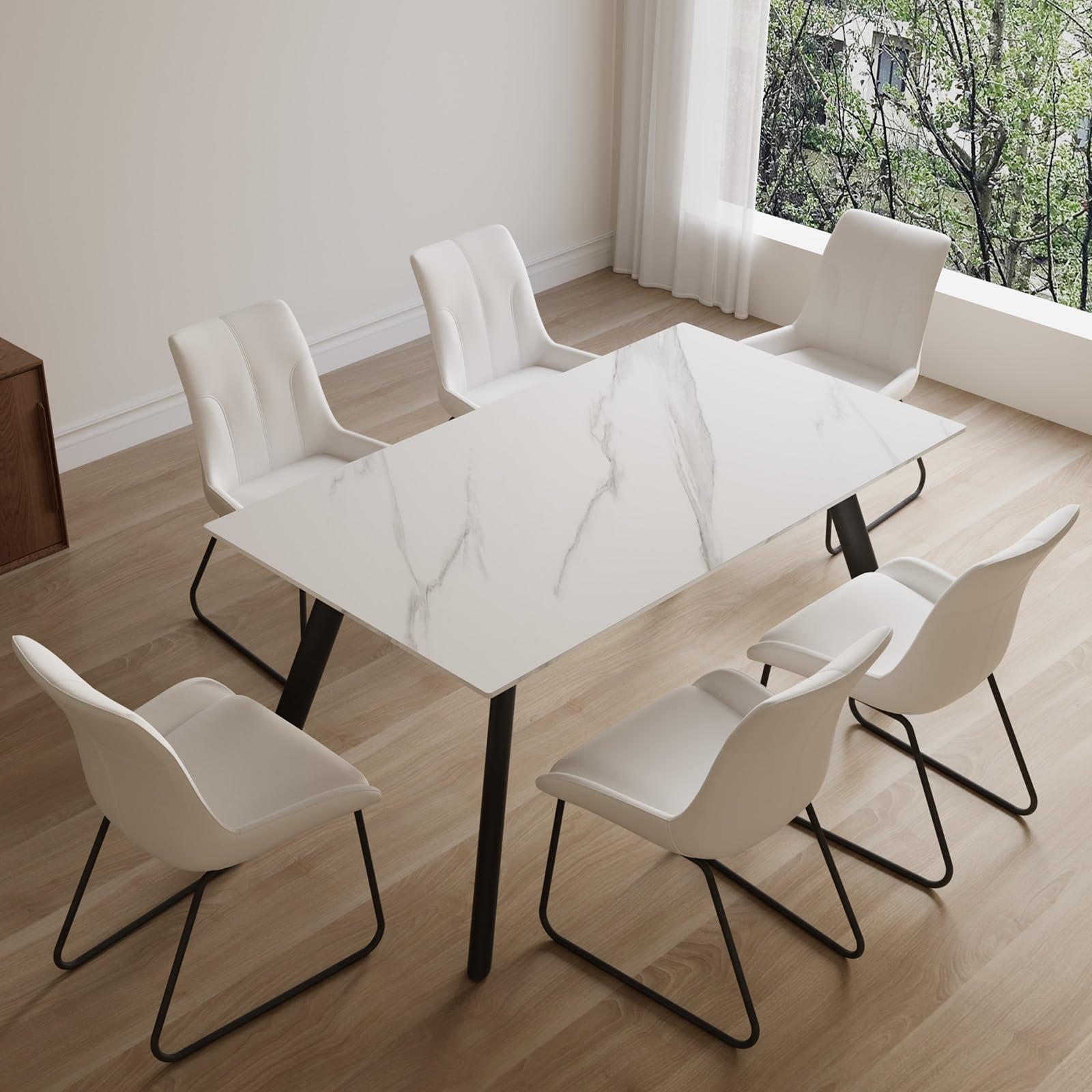 HIPIHOM Modern Dining Table Set for 6, Rectangular White Dining Sintered Stone Table and Chairs Set 6 for Home, Kitchen, Living Room, Dining Room (Table+6 Off-white Chairs)