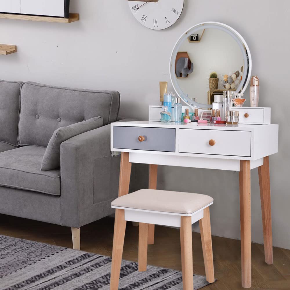 Goujxcy Vanity with Lights and Mirror Desk and Chair (White)