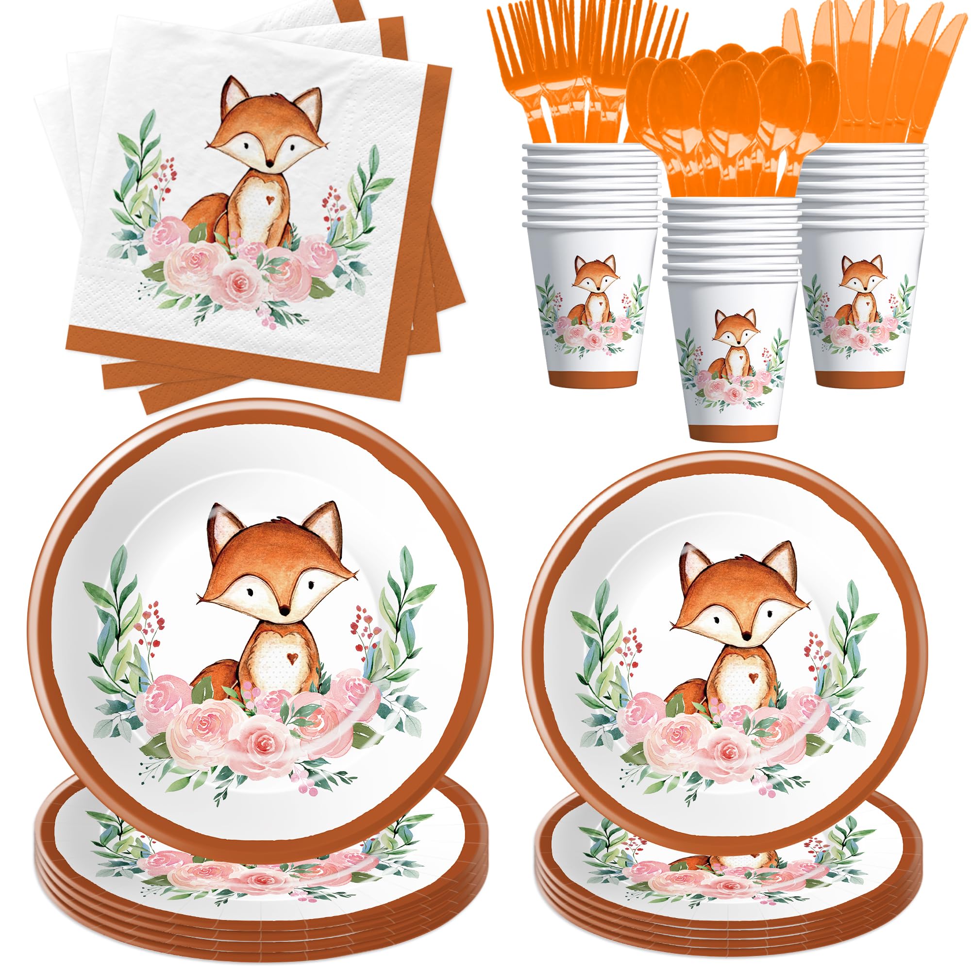 Xenorik Fox Birthday Party Supplies Tableware - Fox Baby Shower Decorations Dinnerware, Paper Plate, Cup, Napkin, Disposable Cutlery, Woodland Creatures Forest Animal Fox Party Supplies | Serve 24