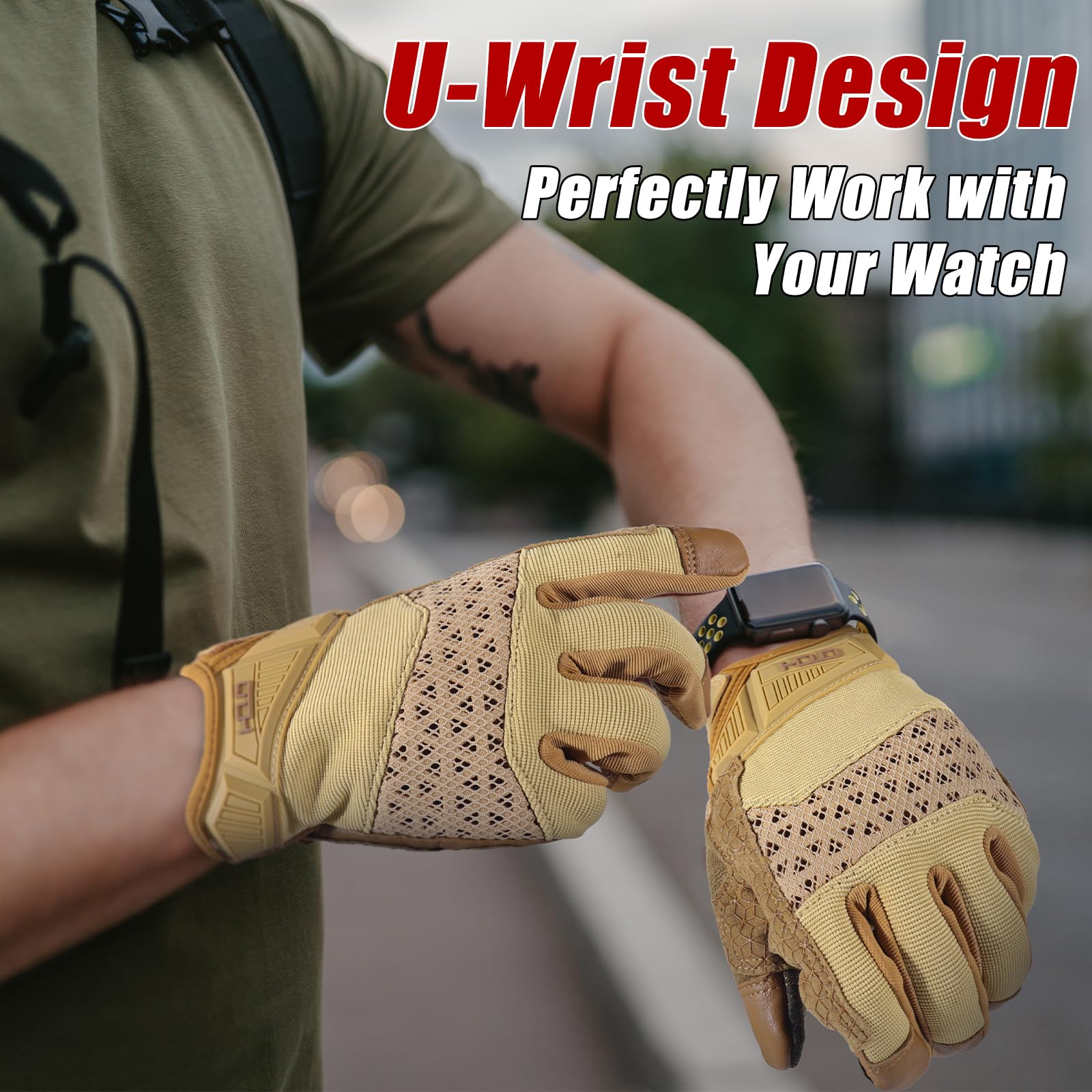 HANDLANDY Tactical Gloves for Airsoft Shooting, Flexible Grip Work Gloves for Men, Touchscreen Utility Mechanics Gloves (Large, Brown)