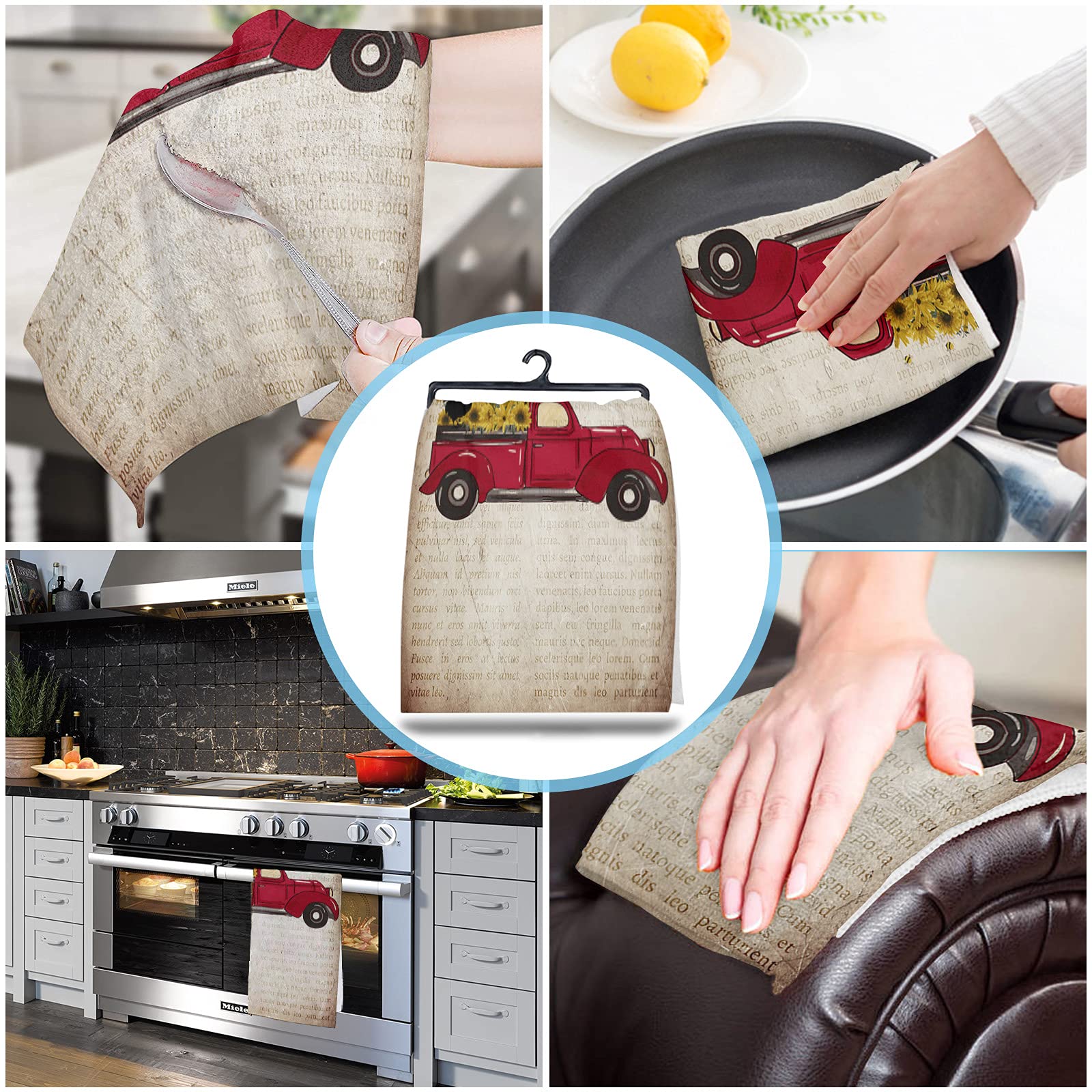 Kitchen Dish Towels 2 Pack-Super Absorbent Soft Microfiber,Vintage Farm Girl Old Truck Sunflowers Newpaper Cleaning Dishcloth Hand Towels Tea Towels for Kitchen Bathroom Bar