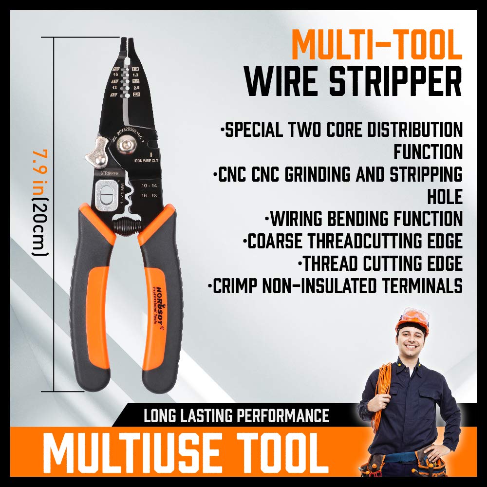 HORUSDY 6-in-1 Wire Stripper Tool | 8-Inch Wire Stripper for Wire | Stripping | Crimping | Cutting | Iron Wire Cutting | Double Strand Wire Cutting